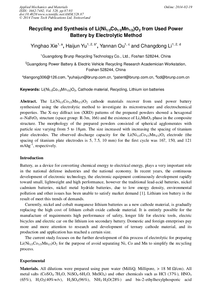 Recycling and Synthesis of Li(Ni1/3Co1/3Mn1/3)O2 from Used Power Battery by Electrolytic Method ...