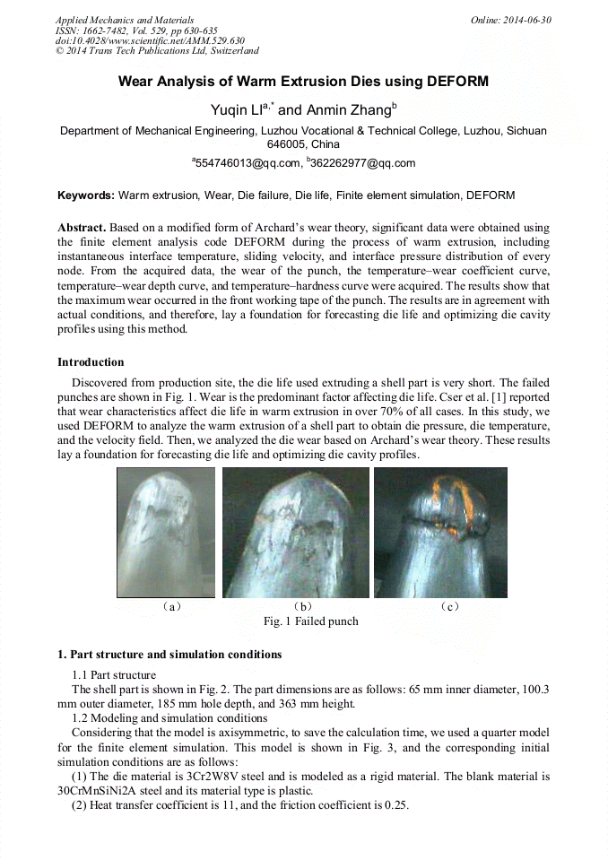 Wear Analysis of Warm Extrusion Dies Using DEFORM | Scientific.Net
