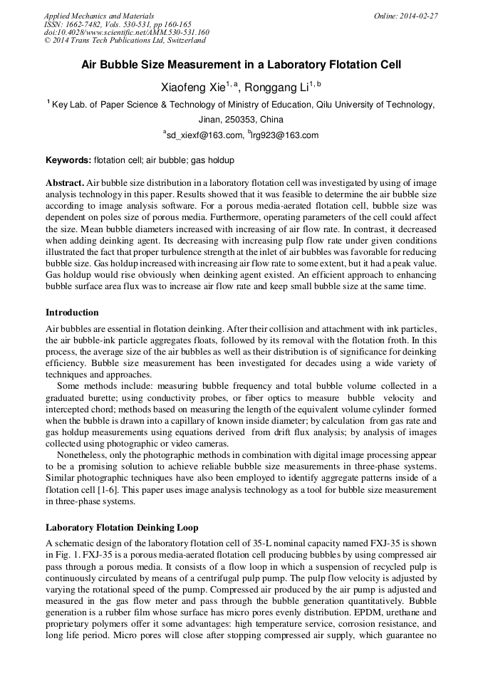Air Bubble Size Measurement in a Laboratory Flotation Cell | Scientific.Net