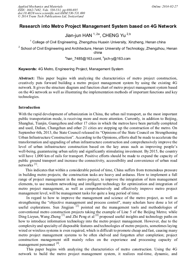 Research Into Metro Project Management System Based On 4G Network Research Into Metro Project Management System Based On 4G Network