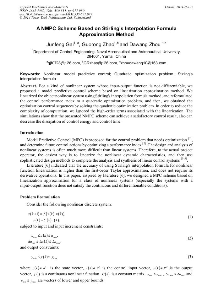 A NMPC Scheme Based on Stirling's Interpolation Formula Approximation ...