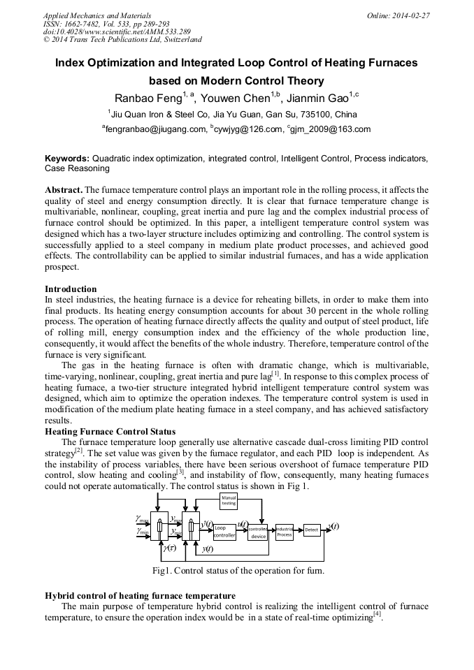 Index Optimization and Integrated Loop Control of Heating Furnaces ...