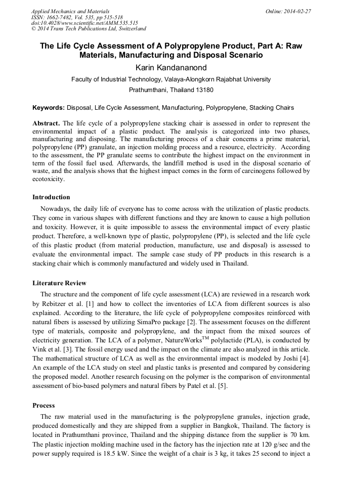The Life Cycle Assessment of a Polypropylene Product, Part A: Raw ...