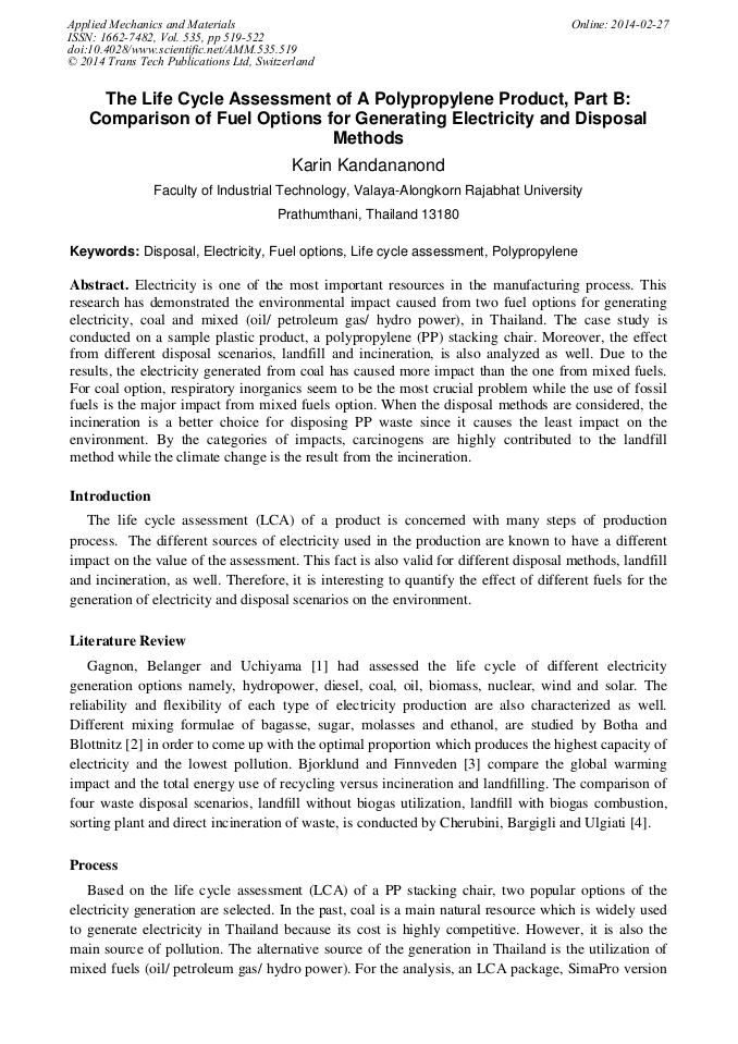 The Life Cycle Assessment of a Polypropylene Product, Part B ...