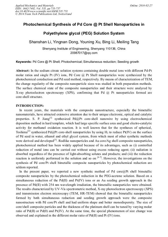 Photochemical Synthesis of Pd Core @ Pt Shell Nanoparticles in ...