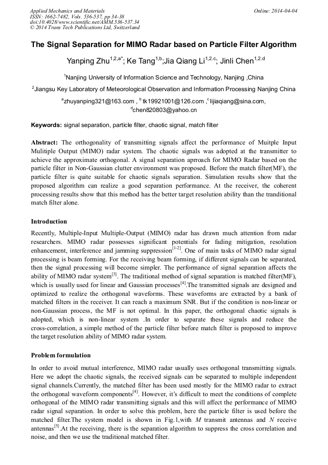 The Signal Separation for MIMO Radar Based on Particle Filter Algorithm ...