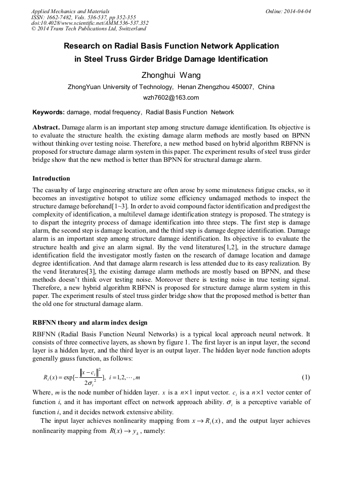 Research on Radial Basis Function Network Application in Steel Truss Girder Bridge Damage ...
