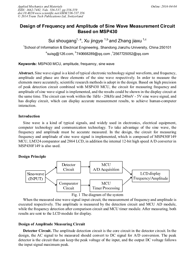 Design of Frequency and Amplitude of Sine Wave Measurement Circuit Based on MSP430 | Scientific.Net