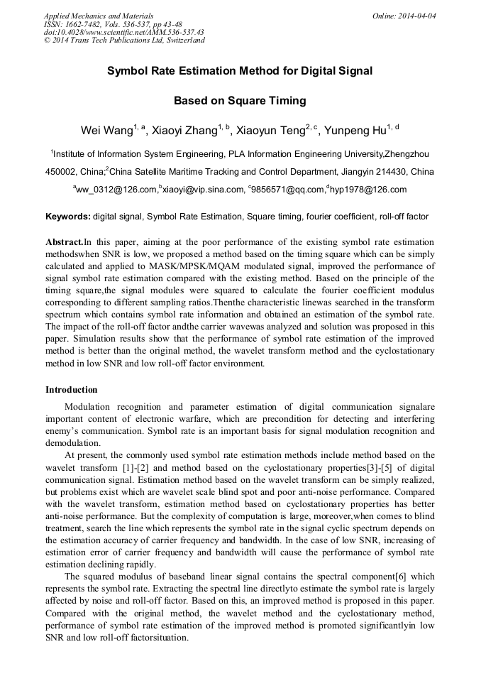 Symbol Rate Estimation Method For Digital Signal Based On Square Timing Scientific Net
