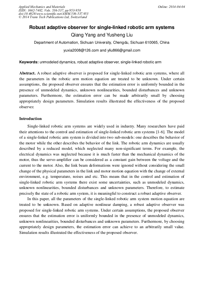 Robust Adaptive Observer for Single-Linked Robotic Arm Systems ...