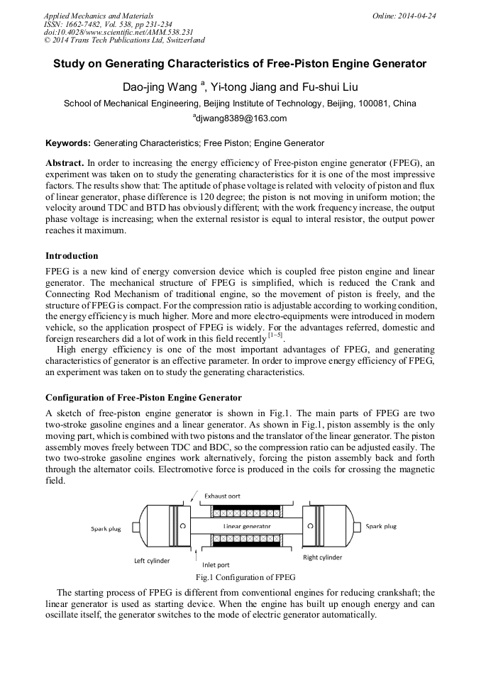 Study on Generating Characteristics of Free-Piston Engine Generator ...