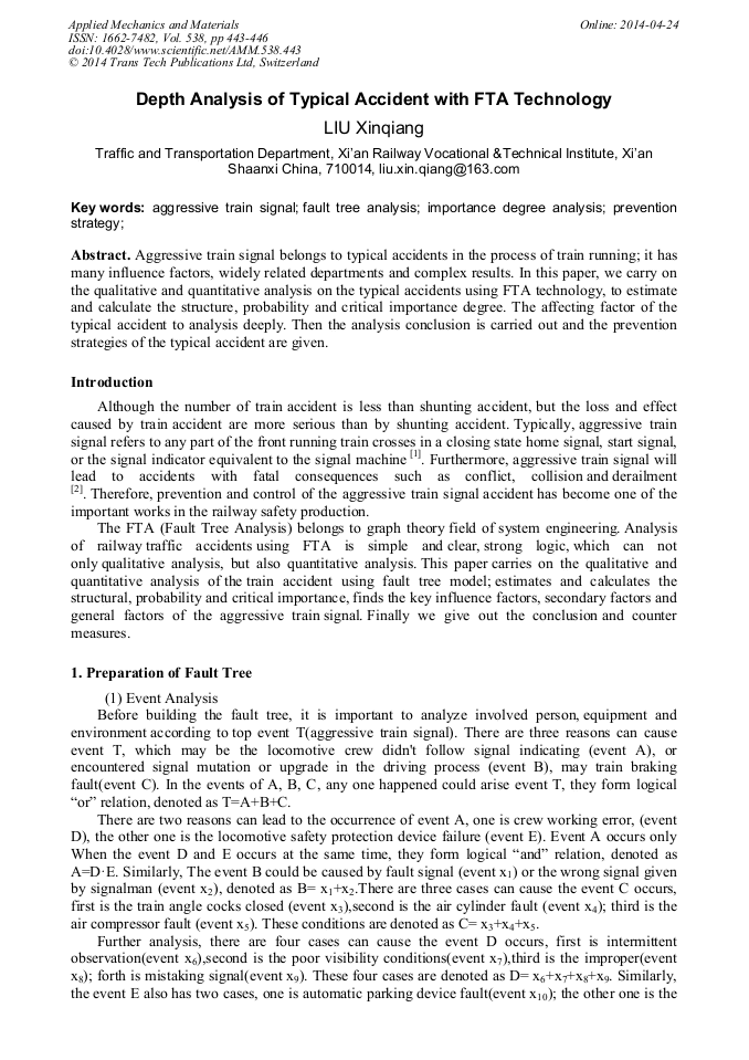 Depth Analysis of Typical Accident with FTA Technology | Scientific.Net
