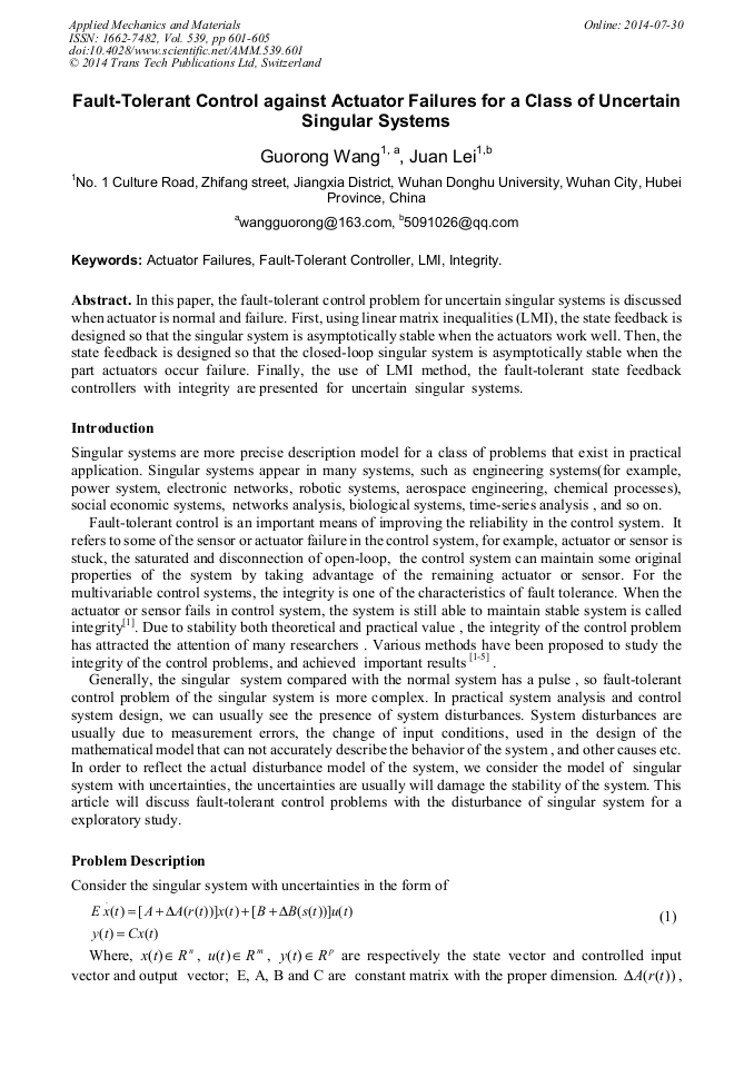 Fault-Tolerant Control against Actuator Failures for a Class of Uncertain Singular Systems ...