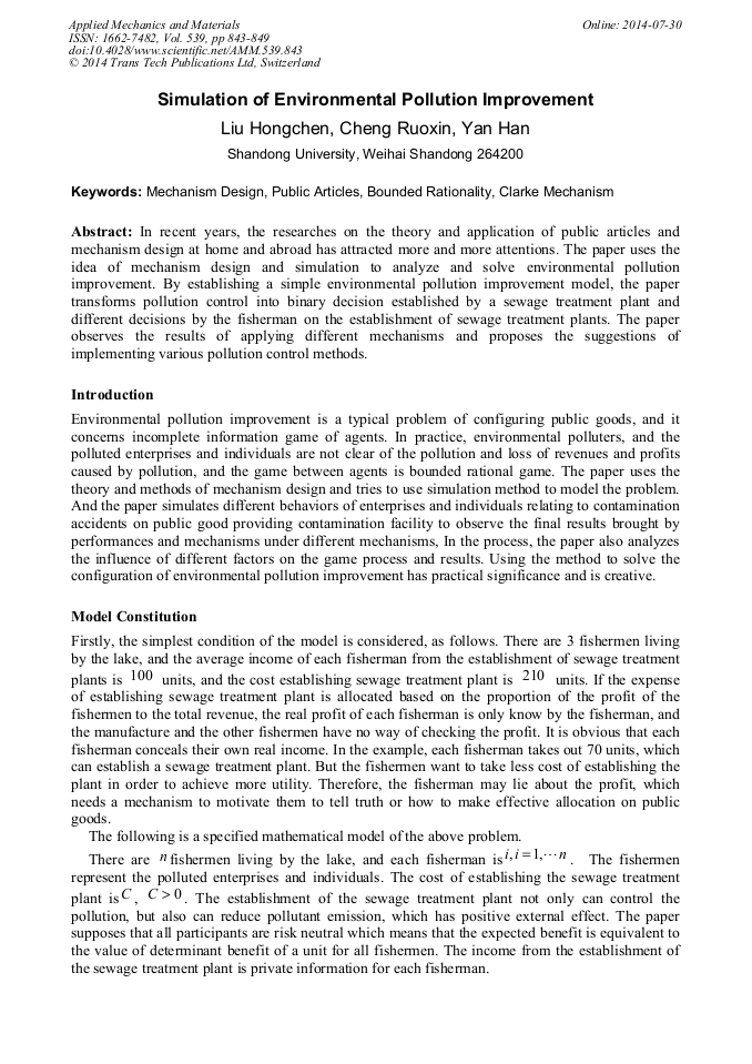 Simulation of Environmental Pollution Improvement | Scientific.Net