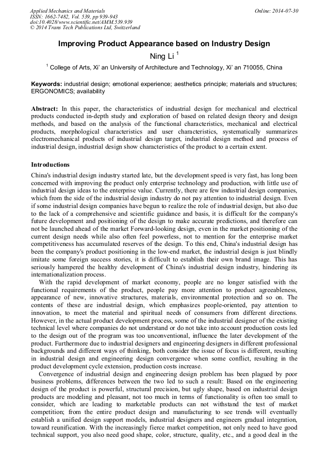 Improving Product Appearance Based on Industry Design | Scientific.Net