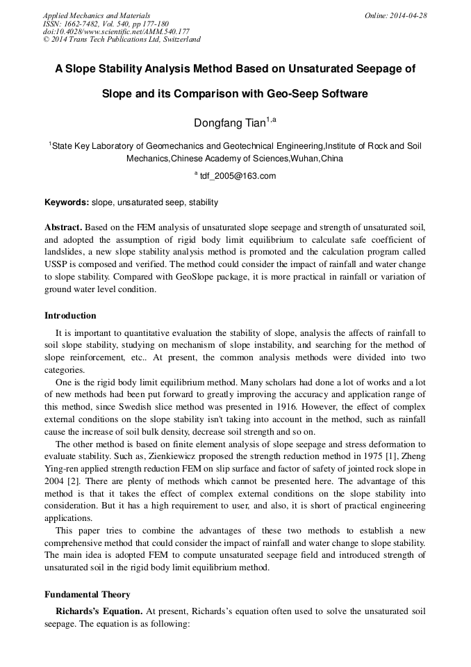 A Slope Stability Analysis Method Based on Unsaturated Seepage of Slope ...