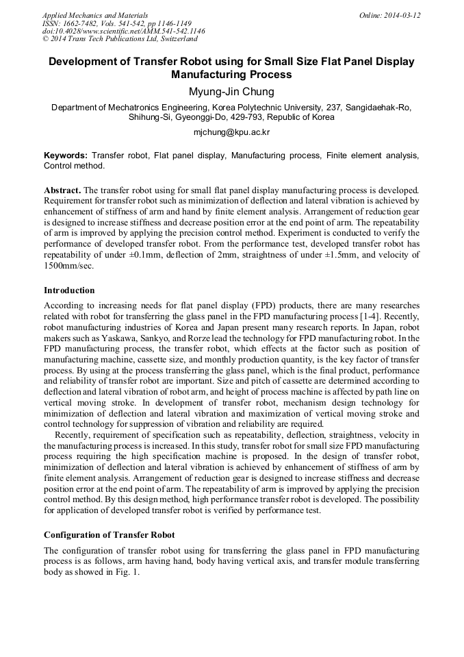 Development of Transfer Robot Using for Small Size Flat Panel Display ...
