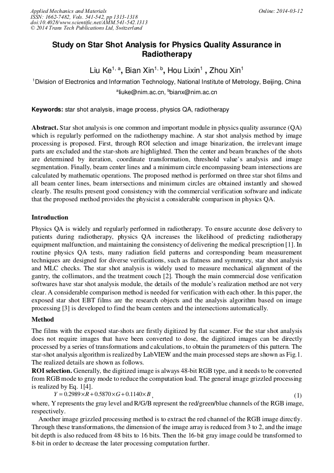 Study on Star Shot Analysis for Physics Quality Assurance in ...