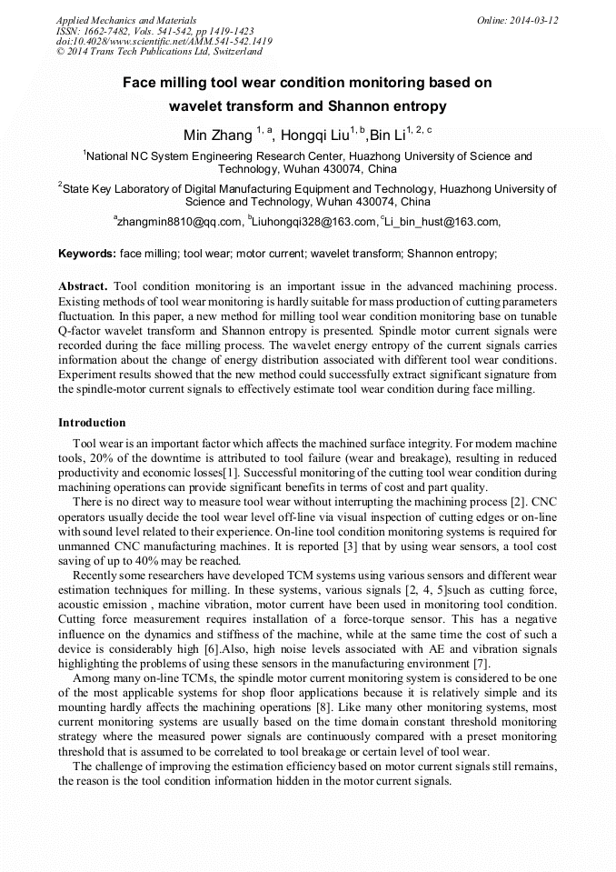 Face Milling Tool Wear Condition Monitoring Based on Wavelet Transform and Shannon Entropy ...