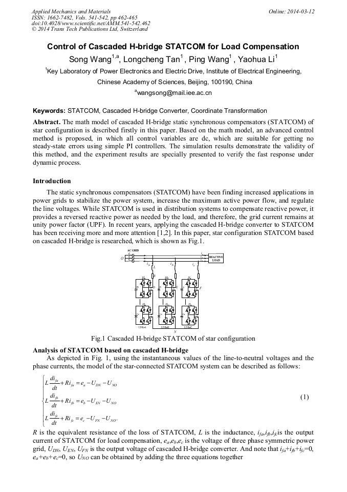 Control of Cascaded H-Bridge STATCOM for Load Compensation | Scientific.Net