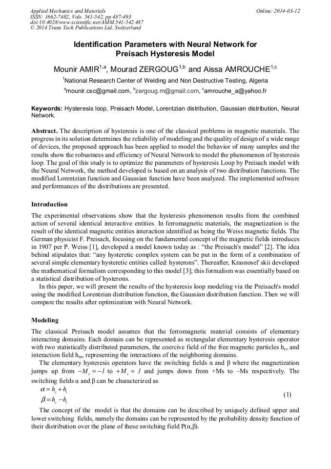 Identification Parameters with Neural Network for Preisach Hysteresis Model | Scientific.Net