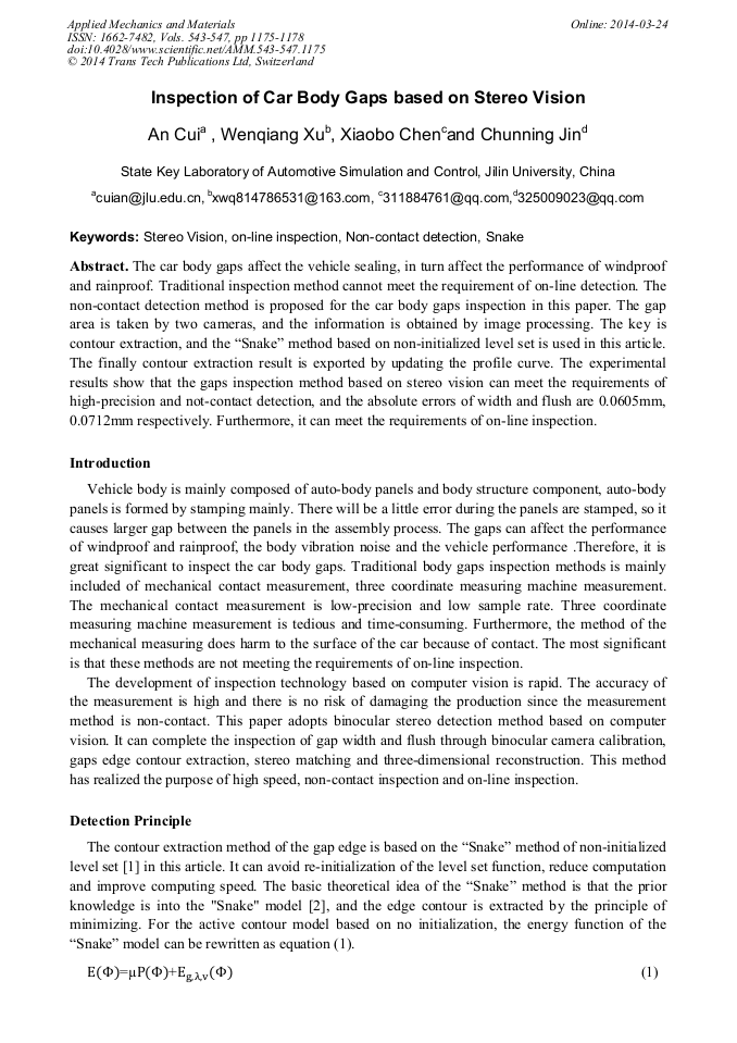 Inspection of Car Body Gaps Based on Stereo Vision | Scientific.Net