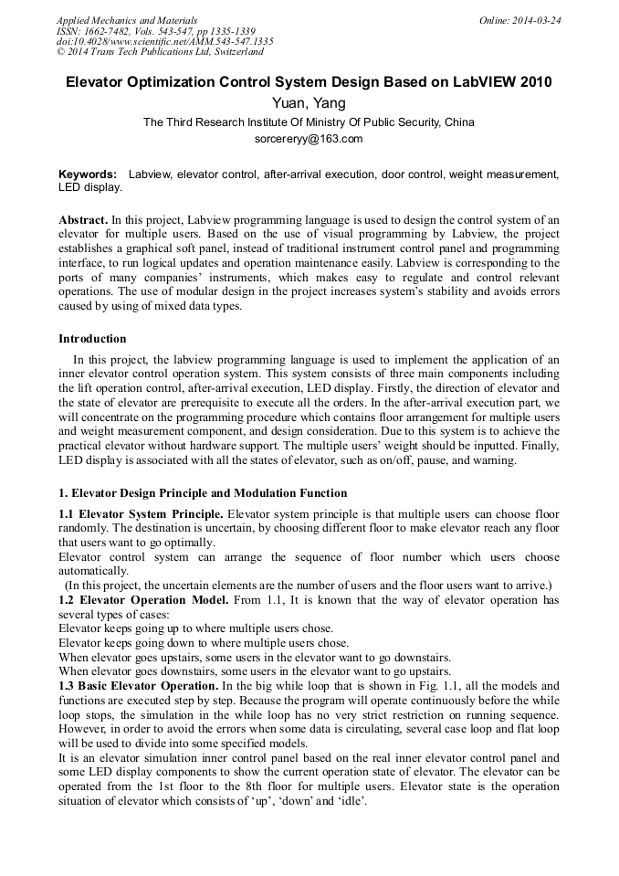 Elevator Optimization Control System Design Based on LabVIEW 2010 ...