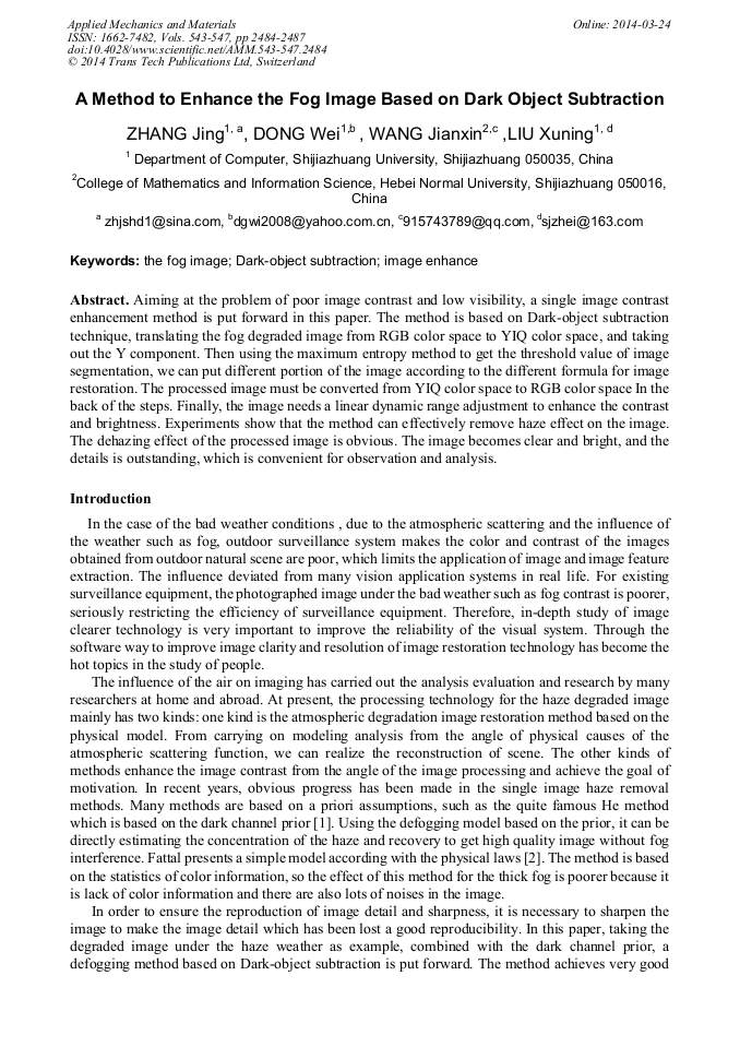 A Method to Enhance the Fog Image Based on Dark Object Subtraction ...