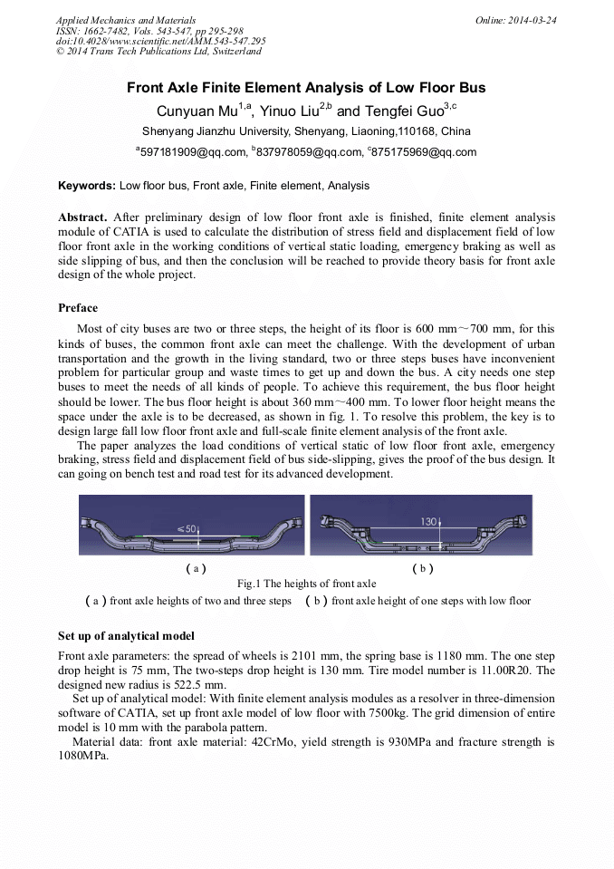 Front Axle Finite Element Analysis of Low Floor Bus | Scientific.Net