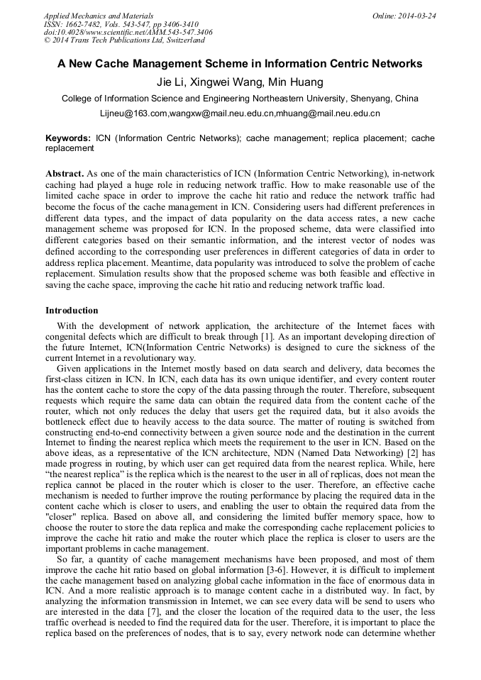A New Cache Management Scheme in Information Centric Networks | Scientific.Net