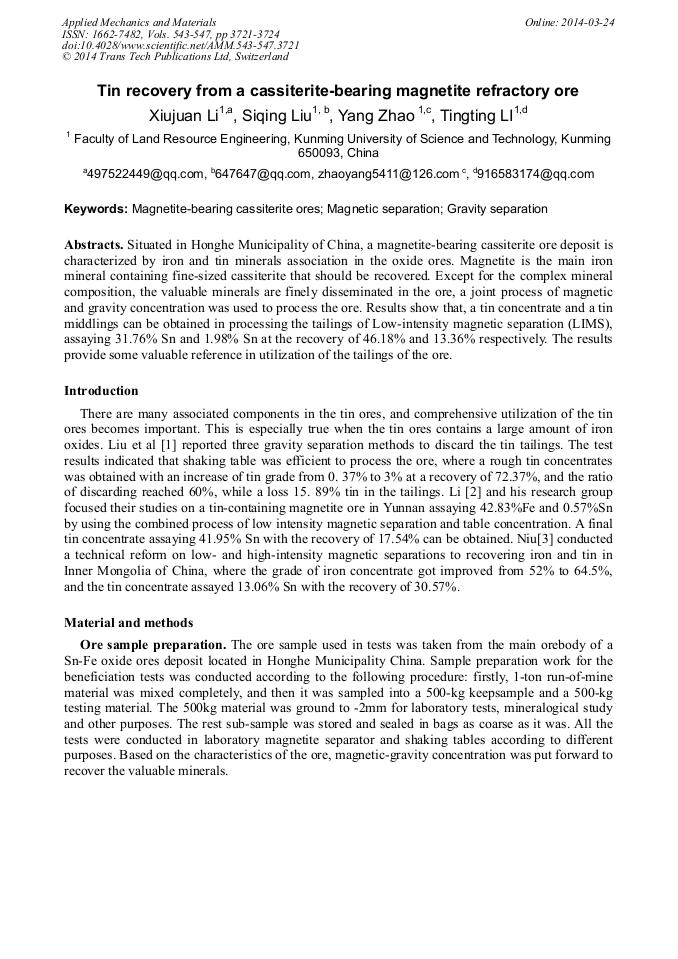Tin Recovery from a Cassiterite-Bearing Magnetite Refractory Ore ...