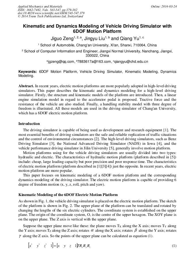 Kinematic and Dynamics Modeling of Vehicle Driving Simulator with 6DOF ...