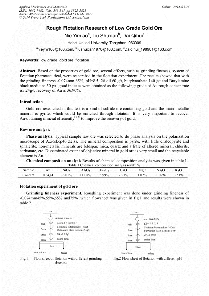 Rough Flotation Research of Low Grade Gold Ore | Scientific.Net