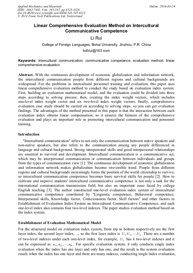 Linear Comprehensive Evaluation Method on Intercultural Communicative ...