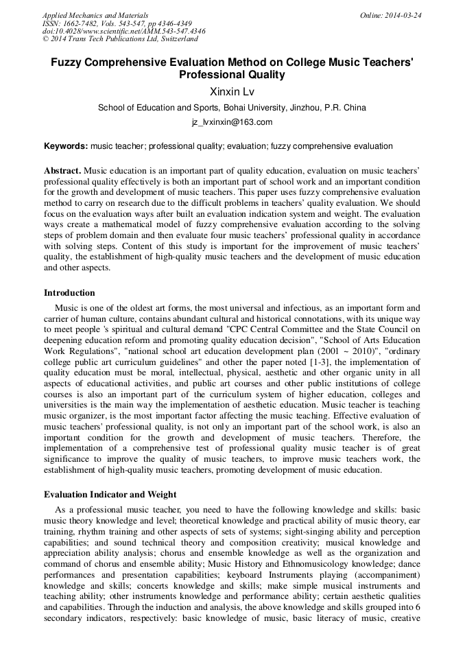 Fuzzy Comprehensive Evaluation Method on College Music Teachers ...