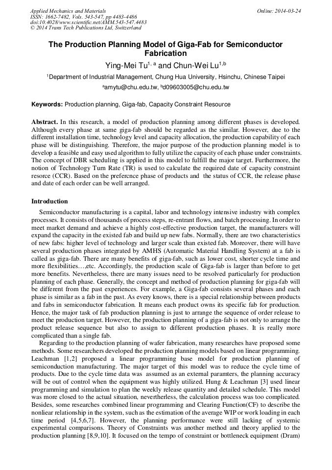 The Production Planning Model of Giga-Fab for Semiconductor Fabrication ...