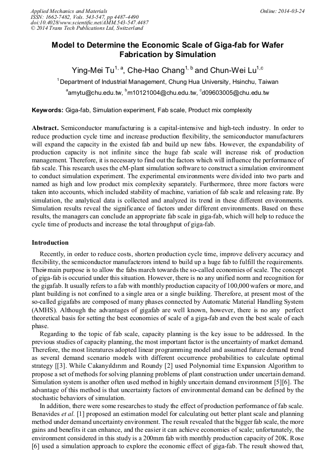Model to Determine the Economic Scale of Giga-Fab for Wafer Fabrication ...