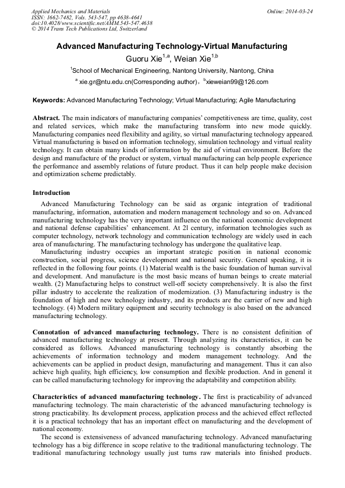 Advanced Manufacturing Technology – Virtual Manufacturing | Scientific.Net