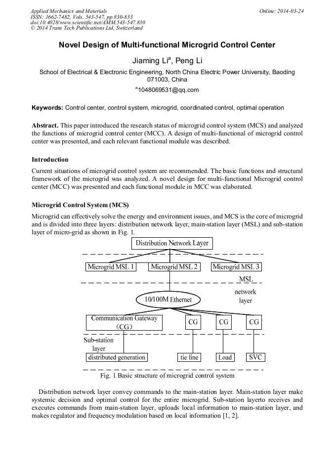 Novel Design Of Multi Functional Microgrid Control Center Scientificnet 