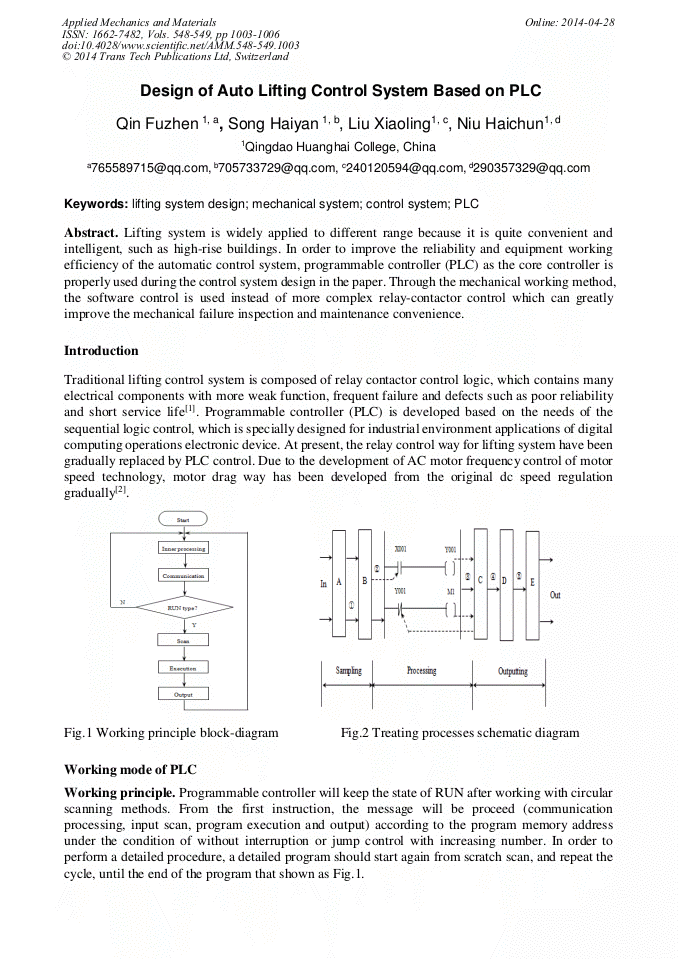 Design of Auto Lifting Control System Based on PLC | Scientific.Net
