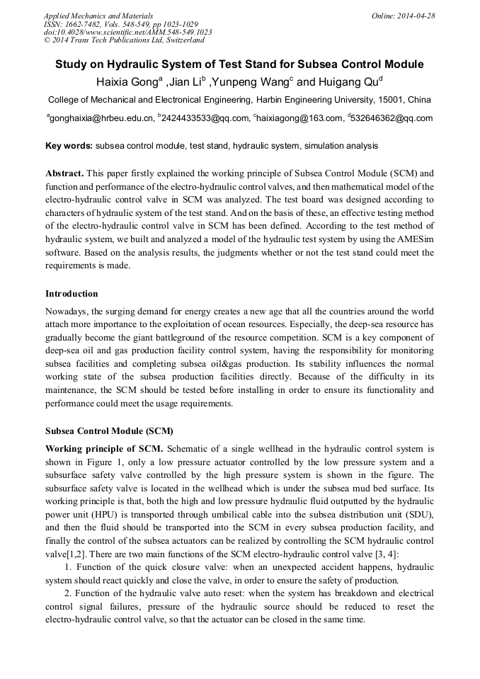 Study on Hydraulic System of Test Stand for Subsea Control Module ...