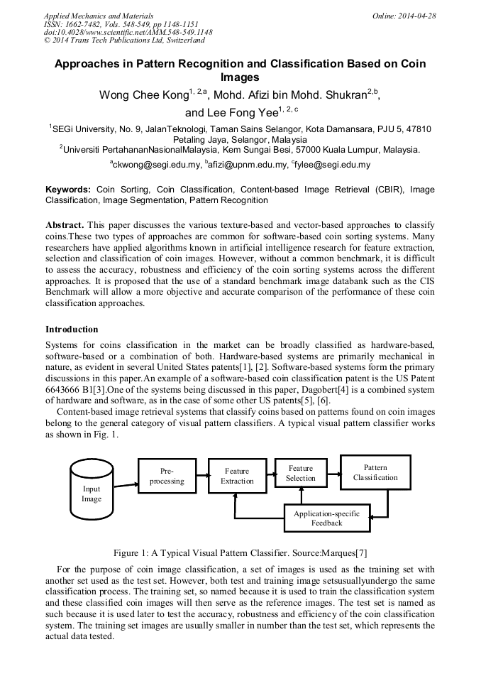 Approaches in Pattern Recognition and Classification Based on Coin ...