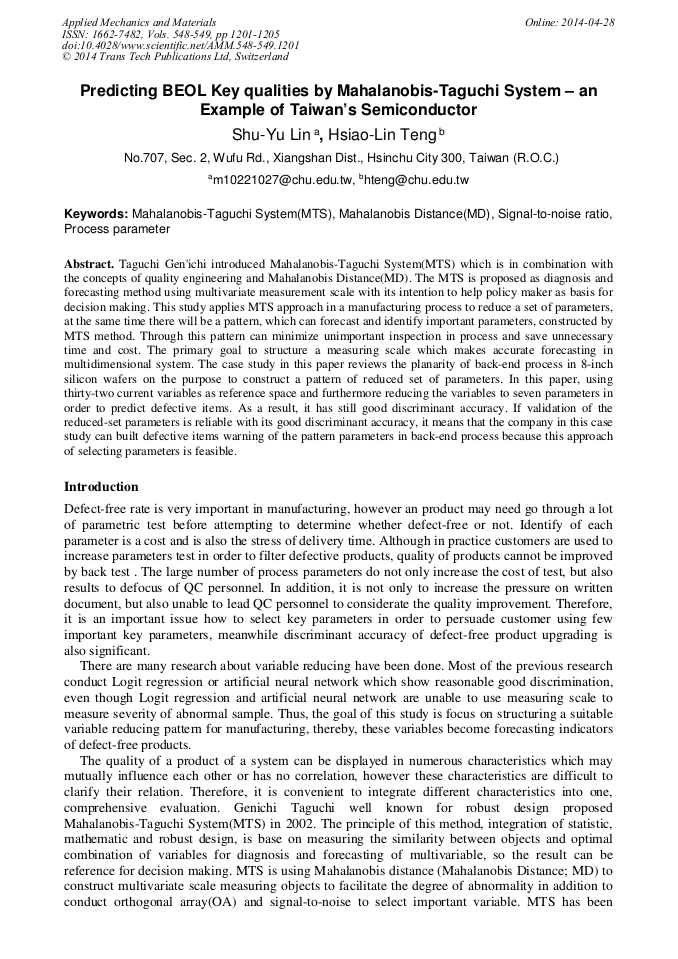 Predicting BEOL Key Qualities by Mahalanobis-Taguchi System – An ...