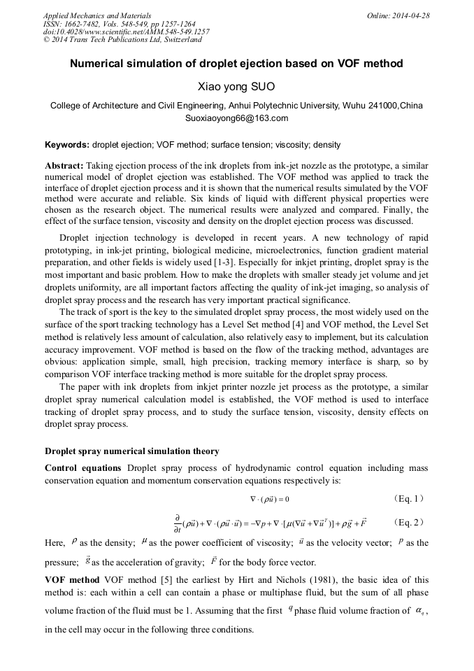 Numerical Simulation of Droplet Ejection Based on VOF Method | Scientific.Net
