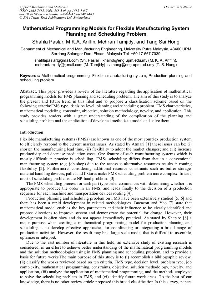 Mathematical Programming Models for Flexible Manufacturing System ...