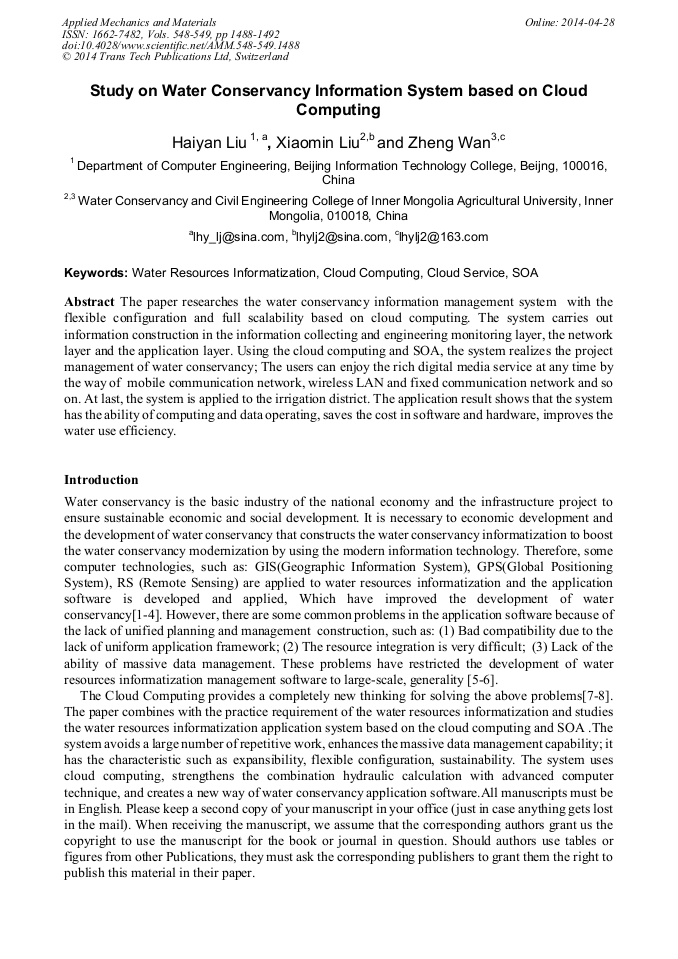 Study on Water Conservancy Information System Based on Cloud Computing | Scientific.Net