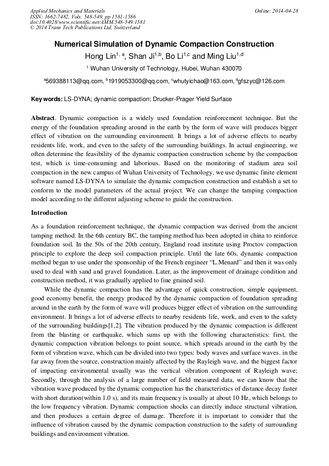 Numerical Simulation Of Dynamic Compaction Construction Scientific Net