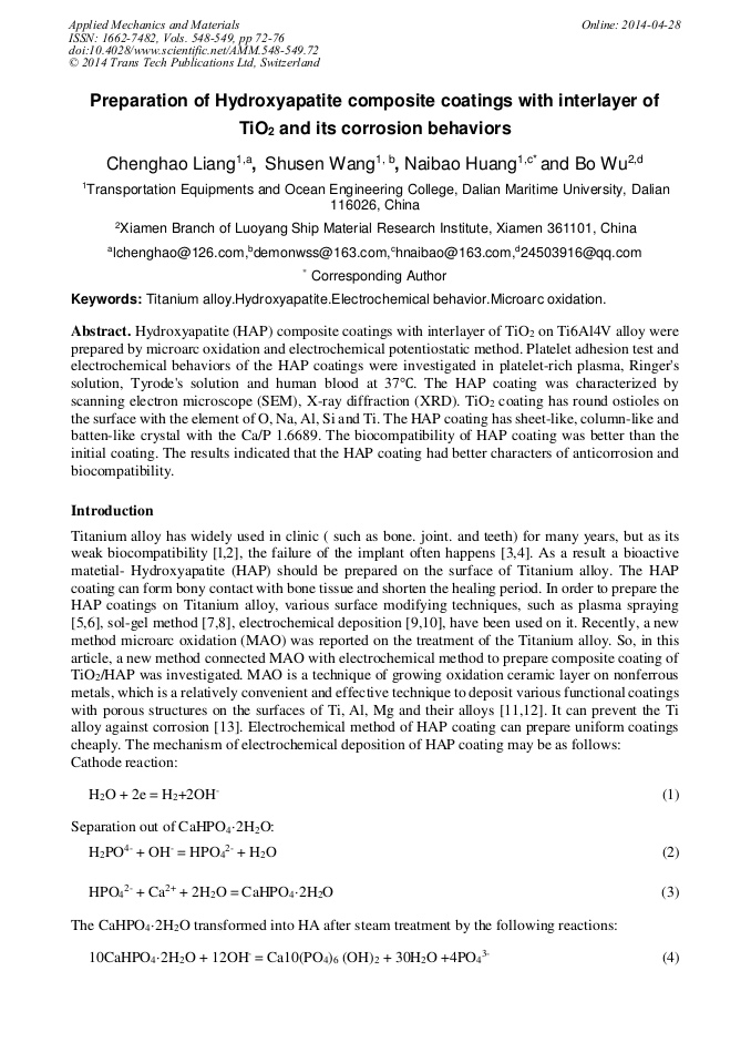 Preparation of Hydroxyapatite Composite Coatings with Interlayer of ...