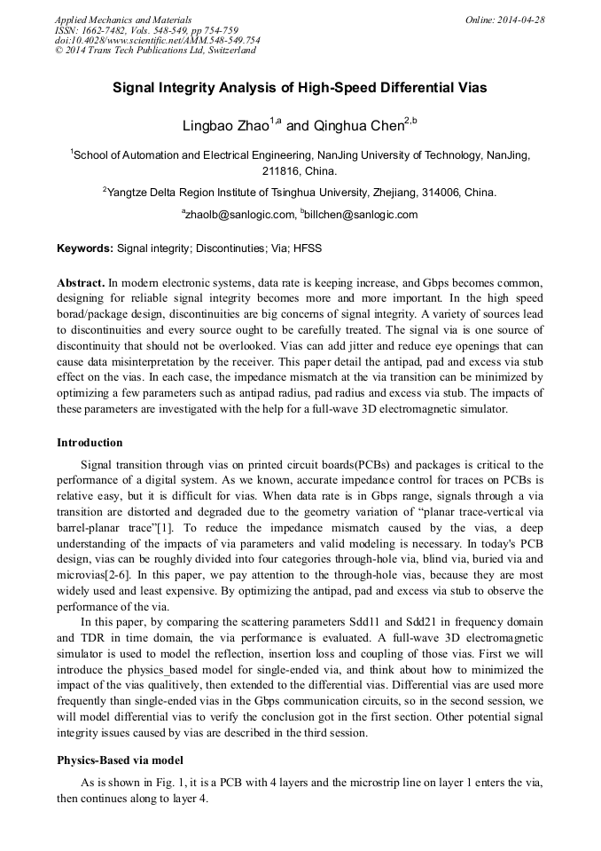 Signal Integrity Analysis of High-Speed Differential Vias | Scientific.Net