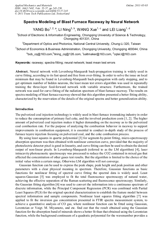 Spectra Modeling of Blast Furnace Raceway by Neural Network ...